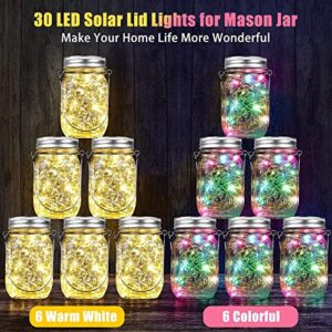 Solar Mason Jar Lights Lids, 12Pcs 30 LED Solar Fairy Lights for Mason Jars, Outdoor Mason Jar Lights Solar Powered with Hangers for Christmas Patio Yard Garden Wedding Decoration(Jars Not Included)