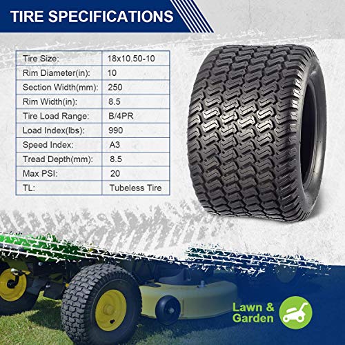 MaxAuto 2Pcs Lawn & Garden Turf Tire 18x10.50-10 18x10.50x10 Tubeless 4 Ply P332