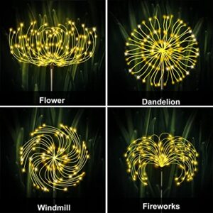 Solar Garden Lights, 4 Pack Solar Fireworks Lights Outdoor Waterproof Decorative Sparkles Pathway Light, 8 Lighting Modes Stake Lights with Remote for Garden Yard Flowerbed Pathway Parties (Warm)