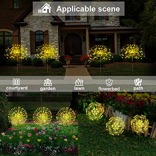 Solar Garden Lights, 4 Pack Solar Fireworks Lights Outdoor Waterproof Decorative Sparkles Pathway Light, 8 Lighting Modes Stake Lights with Remote for Garden Yard Flowerbed Pathway Parties (Warm)