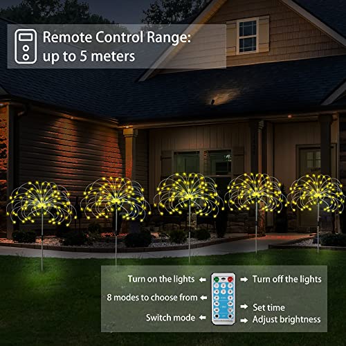 Solar Garden Lights, 4 Pack Solar Fireworks Lights Outdoor Waterproof Decorative Sparkles Pathway Light, 8 Lighting Modes Stake Lights with Remote for Garden Yard Flowerbed Pathway Parties (Warm)