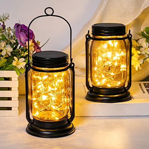 NEEMO Solar Mason Jar Fairy Lights, 2 Pack Solar Lanterns Outdoor Waterproof Glass Lamp, Vintage Jar Starry Fairy Light with Angel Pattern for Patio, Garden, Party, Holiday [Warm White]