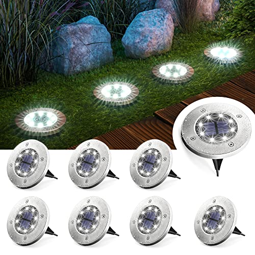 GIGALUMI 8 Pack Solar Ground Lights, 8 LED Solar Powered Disk Lights Outdoor Waterproof Garden Landscape Lighting for Yard Deck Lawn Patio Pathway Walkway (White)