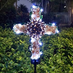 coozzyhour 38inch solar cross garden lights outdoor decorative – solar metal&glass cross apricot hydrangea flower stake lights- waterproof 20 white led for remembrance gifts & sympathy gifts