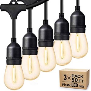 svater outdoor string lights 150ft, 3 pack of 50ft, 45pcsxe26 socket, 48pcs s14 shatterpoof bulbs, 1 watt dimmable 2700k warm white, ip65 waterproof, commercial grade patio lights