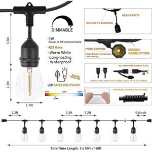 Svater Outdoor String Lights 150FT, 3 Pack of 50FT, 45pcsxE26 Socket, 48pcs S14 Shatterpoof Bulbs, 1 Watt Dimmable 2700K Warm White, IP65 Waterproof, Commercial Grade Patio Lights