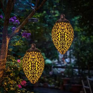 2 pack solar hanging lanterns garden decor waterproof, outdoor solar powered lantern decorative lights retro lamp for halloween christmas deck patio pathway yard backyard porch decorations