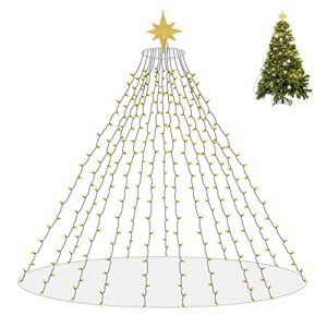 christmas tree light with star topper, 10.5ft x15 lines string lights, 322 led christmas curtain fairy lights with 8 lighting modes, for xmas tree indoor outdoor party garden decor, warm white