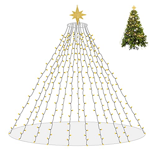 Christmas Tree Light with Star Topper, 10.5ft x15 Lines String Lights, 322 LED Christmas Curtain Fairy Lights with 8 Lighting Modes, for Xmas Tree Indoor Outdoor Party Garden Decor, Warm White