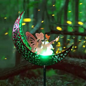 solar outdoor lights decorative, solar powered garden light, moon crackle glass globe metal stake light with angel, waterproof pathway lights for walkway yard lawn courtyard backyard decoration