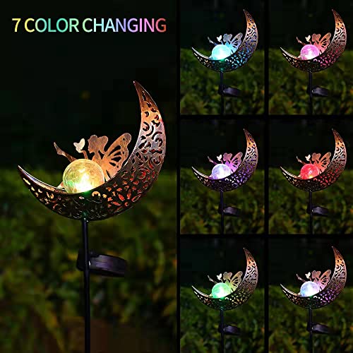 Solar Outdoor Lights Decorative, Solar Powered Garden Light, Moon Crackle Glass Globe Metal Stake Light With Angel, Waterproof Pathway Lights For Walkway Yard Lawn Courtyard Backyard Decoration