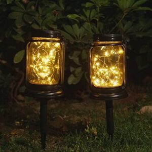 solar mason jar lantern, 2 pack 30 led hanging solar mason jar lights outdoor retro waterproof fairy lights with stakes for garden, lawn, patio, yard, pathway (2 pack)