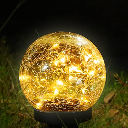 ZKLiLi Garden Solar Lights, Cracked Glass Ball Waterproof Warm White LED for Outdoor Pathway Patio Yard Lawn Globe Landscape Lighting (Ground Lamp)