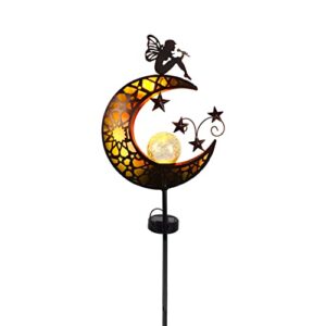 cubular moon fairy solar garden decor lights,crackle glass ball pathway stake lights, walkway yard lawn patio courtyard decor garden outdoor decorative lights,fairy garden decor (moon fairy)