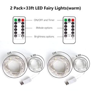 Fairy Lights USB Plug in, 2 Pack×33ft LED String Lights with Remote, 8 Modes Fairy String Lights, Christmas Lights Indoor Outdoor, Twinkle Lights for Bedroom, Party,Garden,Tree (Warm White)