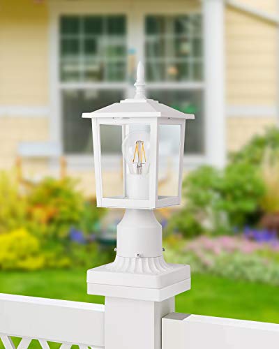 CINOTON Outdoor Post Light Fixtures White, Modern Exterior Post Lantern 6-Inch with Pier Mount Base, Waterproof IP65 Aluminum Patio Pole Lights with Clear Glass for Garden Pathway Deck Yard, White