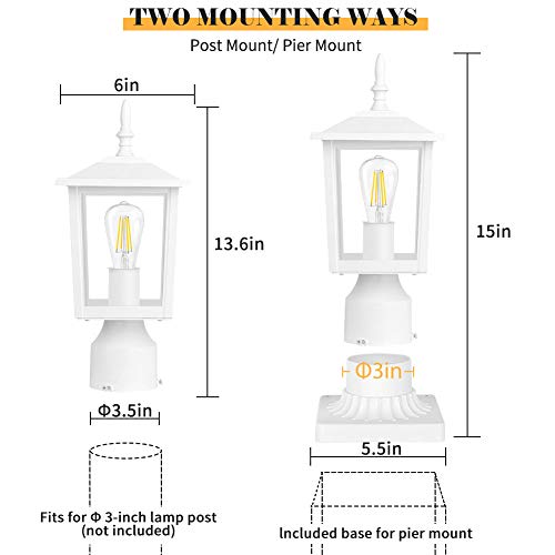 CINOTON Outdoor Post Light Fixtures White, Modern Exterior Post Lantern 6-Inch with Pier Mount Base, Waterproof IP65 Aluminum Patio Pole Lights with Clear Glass for Garden Pathway Deck Yard, White