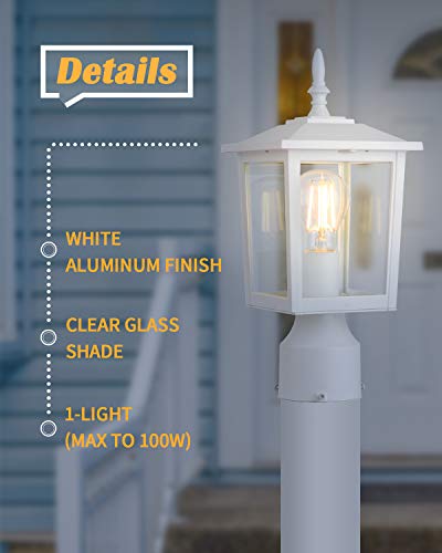 CINOTON Outdoor Post Light Fixtures White, Modern Exterior Post Lantern 6-Inch with Pier Mount Base, Waterproof IP65 Aluminum Patio Pole Lights with Clear Glass for Garden Pathway Deck Yard, White