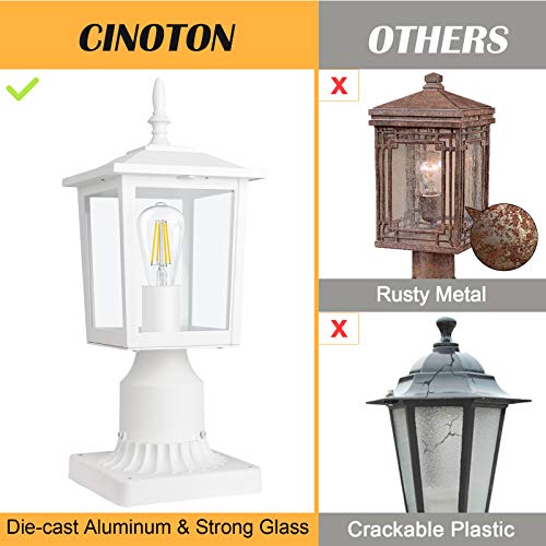 CINOTON Outdoor Post Light Fixtures White, Modern Exterior Post Lantern 6-Inch with Pier Mount Base, Waterproof IP65 Aluminum Patio Pole Lights with Clear Glass for Garden Pathway Deck Yard, White