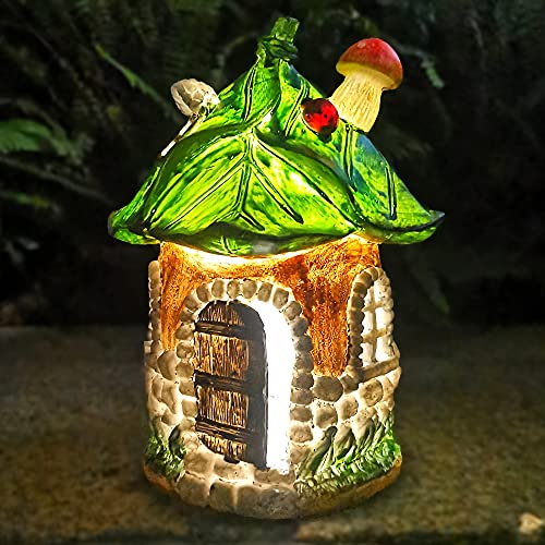 Trasfit Fairy Garden Statue House Figurine, Lovely Purple Flowers Tree House with Solar LED Lights for Indoor Outdoor Patio Yard Lawn Ornaments Gift (Green with Mushroom House)