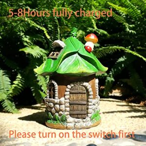 Trasfit Fairy Garden Statue House Figurine, Lovely Purple Flowers Tree House with Solar LED Lights for Indoor Outdoor Patio Yard Lawn Ornaments Gift (Green with Mushroom House)