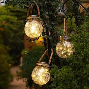 eternityfuture garden decoration waterproof solar lantern, value pack of 2, glass bottle jar, 30 led warm lights, unique crack pattern ball hanging light