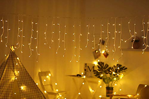 LED Solar Icicle String Lights,36Ft/11M 264 LEDs Waterproof Extendable Curtain Icicle Lights Plug in Fairy String Lights Christmas Lights for Bedroom Patio Yard Garden Wedding Party(Warm White)