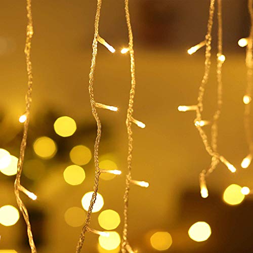 LED Solar Icicle String Lights,36Ft/11M 264 LEDs Waterproof Extendable Curtain Icicle Lights Plug in Fairy String Lights Christmas Lights for Bedroom Patio Yard Garden Wedding Party(Warm White)