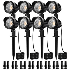 meikee 7w led landscape lights, dc/ac 12v/24v low voltage landscape lighting, ip66 waterproof warm white landscape spotlights, 800lm outdoor garden pathway yard lights (8 pack with connectors)