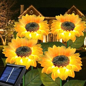 upgraded 4-flower solar sunflower lights outdoor decor, waterproof decorative artificial flower solar lights for christmas summer memorial cemetery grave yard patio garden flowerbed gravesite decor