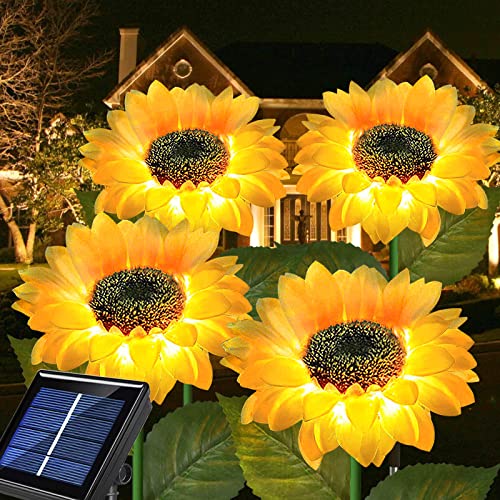 Upgraded 4-Flower Solar Sunflower Lights Outdoor Decor, Waterproof Decorative Artificial Flower Solar Lights for Christmas Summer Memorial Cemetery Grave Yard Patio Garden Flowerbed Gravesite Decor