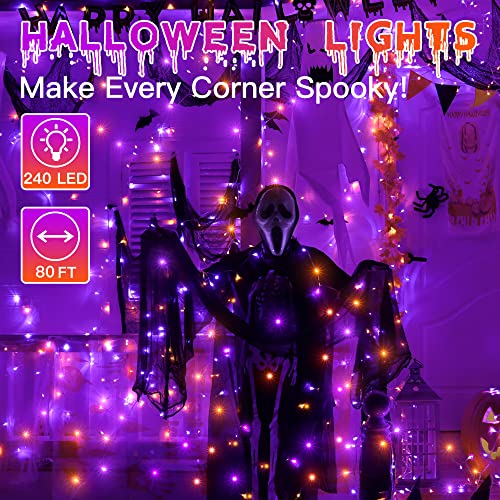 Ollny Halloween Lights Outdoor 240LED 80FT - Orange and Purple String Lights - 8 Modes IP44 Waterproof UL588 Timer Memory Plug in for Party Garden Yard Patio Tree Fence Indoor Halloween Decorations