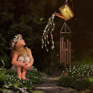 Brynnl Wind Chimes Outdoor, Solar Watering Can Wind Chimes with LED String Lights, Waterproof Garden Chimes with 5 Metal Tubes Pleasant Melody, Retro Hanging Decor Windchime for Garden Patio Yard