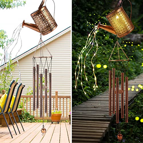 Brynnl Wind Chimes Outdoor, Solar Watering Can Wind Chimes with LED String Lights, Waterproof Garden Chimes with 5 Metal Tubes Pleasant Melody, Retro Hanging Decor Windchime for Garden Patio Yard