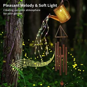 Brynnl Wind Chimes Outdoor, Solar Watering Can Wind Chimes with LED String Lights, Waterproof Garden Chimes with 5 Metal Tubes Pleasant Melody, Retro Hanging Decor Windchime for Garden Patio Yard