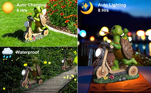 MOOTKA Outdoor Figurine Lights with the Cute Turtle Riding Scooter, Sweet Garden Solar Fairy Light Statue of Sea Turtle Gifts for Mother Home, Waterproof LED Decorations for Patio Home Pathway Outside