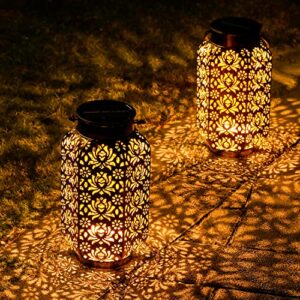 solar lanterns outdoor garden decor – 2 pack led garden lantern hanging solar powered with handle waterproof decorative retro metal solar lights for table patio yard pathway walkway christmas – large