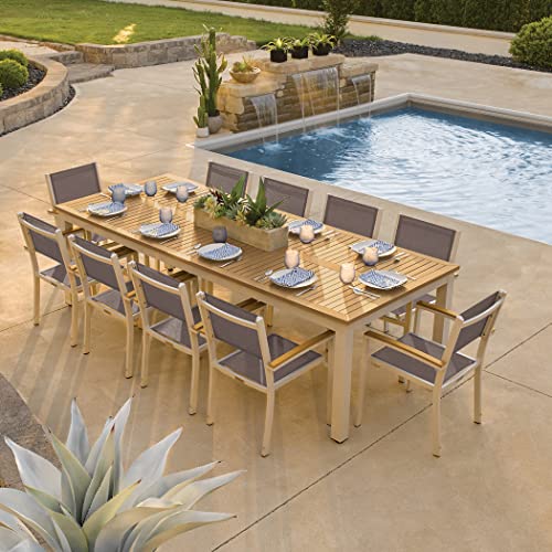 Oxford Garden Travira 11-Piece 103"x42" Table and Sling Armchair Dining Set - Powder Coated Aluminum Frame - Tekwood Natural - Cocoa Sling