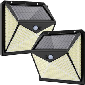 cueplo 350 led solar lights outdoor,2 pack ip65 waterproof,motion sensor solar lights,solar powered wall lights provide eco-friendly high-brightness lighting for yard garage fence garden