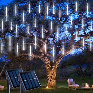 jmexsuss 2 pack solar meteor shower lights, 16 tube 288 led white solar string lights outdoor, waterproof solar christmas lights for tree patio garden wedding party decorations