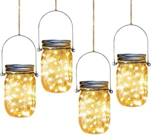 aikeve solar mason jar lights,4 pack 30 led starry fairy string hanging jar lights,solar lanterns for outdoor patio party garden wedding christmas decorations lights(mason jars/handles included)