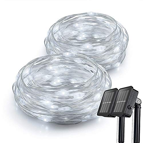 Beewin Upgraded Solar Christmas Lights, 2Pack 33Ft 100Led Solar Lights Outdoor String, Waterproof Transparent Copper Wire 8 Modes Fairy Lights for Wedding Patio Garden Yard Party (White)