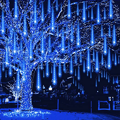 Weepong Meteor Shower Lights Outdoor Christmas Lights UL Certified Falling Rain Lights 12Inch 8Tubes Rain Drop Lights Snowfall Icicle Cascading String Lights for Xmas Holiday Tree Garden Decor Blue