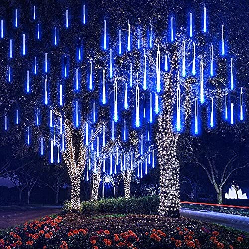 Weepong Meteor Shower Lights Outdoor Christmas Lights UL Certified Falling Rain Lights 12Inch 8Tubes Rain Drop Lights Snowfall Icicle Cascading String Lights for Xmas Holiday Tree Garden Decor Blue