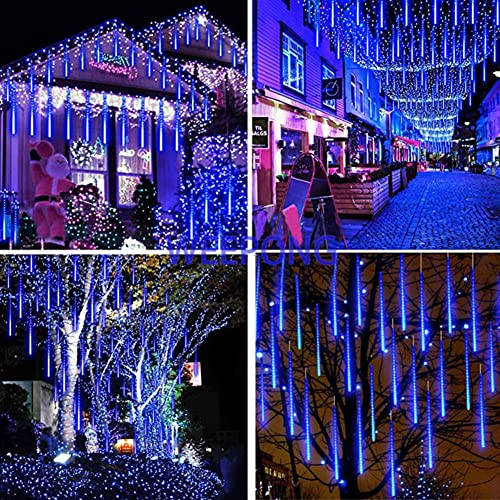 Weepong Meteor Shower Lights Outdoor Christmas Lights UL Certified Falling Rain Lights 12Inch 8Tubes Rain Drop Lights Snowfall Icicle Cascading String Lights for Xmas Holiday Tree Garden Decor Blue