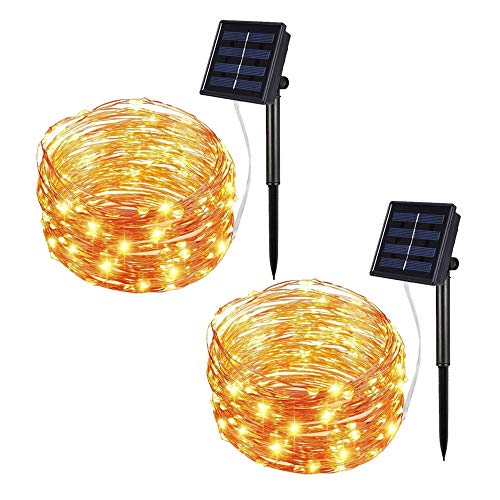 Solar String Lights Outdoor, 33Ft 100LEDs Solar Fairy Lights with 8 Lighting Modes Waterproof Decorative Copper Wire Lights for Christmas Patio Party Garden Gate Yard Wedding (Warm White, 2Pack)