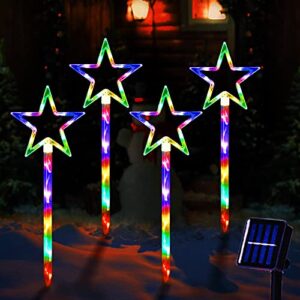 solar christmas pathway lights, set of 4 star solar powered christmas decorations outdoor, waterproof christmas garden stake lights for patio, yard, garden, lawn christmas holiday decor