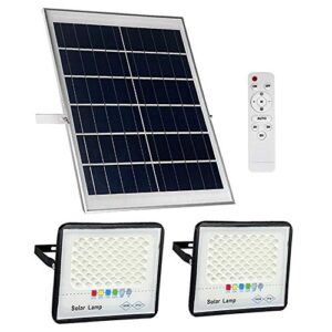 2 pack 100w led solar flood lights outdoor with remote,dusk to dawn solar security street light waterproof ip67 for fence,garden,pool,barn,lawn,flag pole white