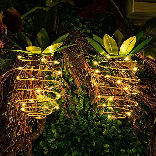 BQOQB 2 Pack Solar Pineapple Light - 60 LEDs Outdoor Garden Decor Hanging Lantern with Handle Waterproof for Patio,Porch,Path,Yard,Walkway,Lawn