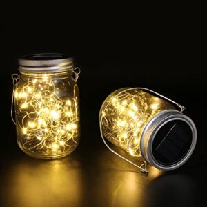 pchero solar mason jar lights, 2 pack 30 leds fairy lights with jars and hangers, ip65 waterproof decorative solar hanging lanterns table light for outdoor lawn home garden yard patio party decor